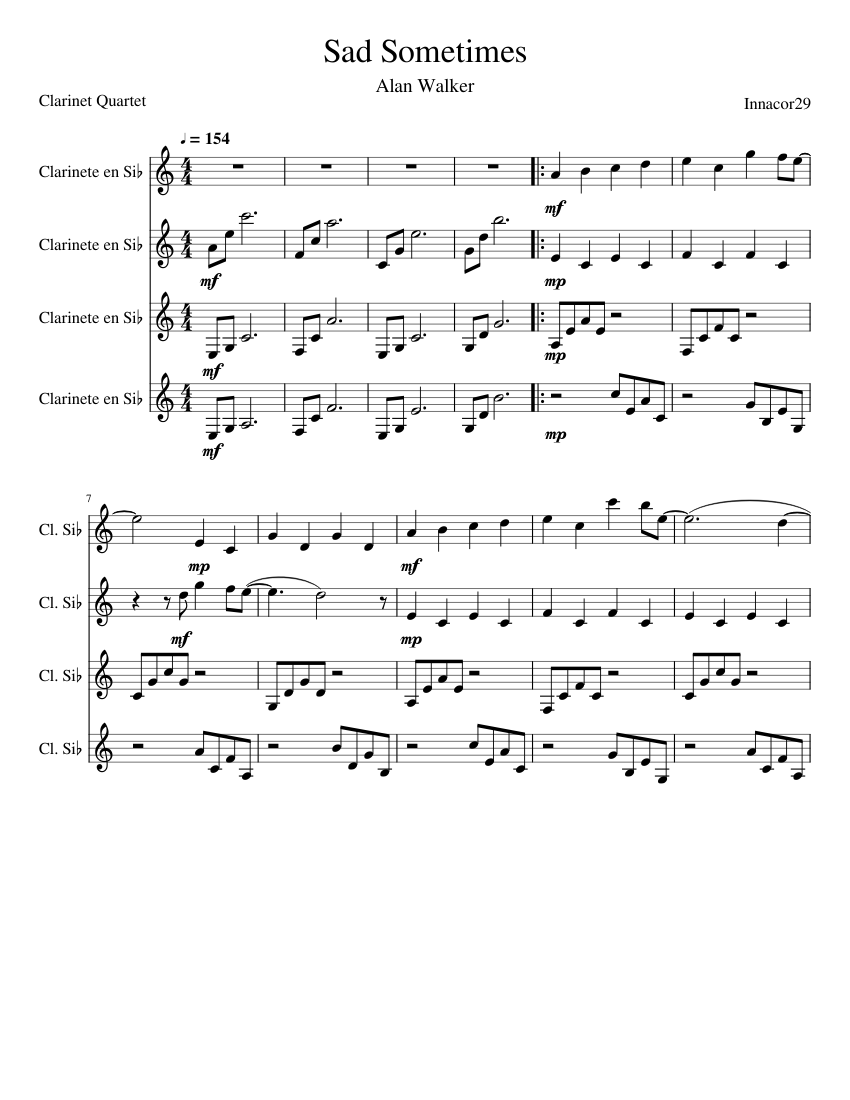 Alan Walker - Sad Sometimes (Clarinet Quartet) Sheet music for Clarinet ...