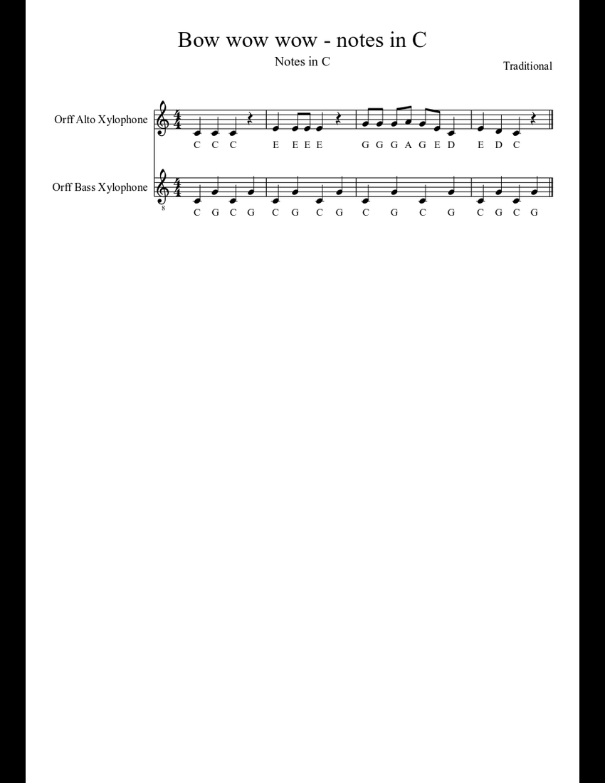 Bow wow wow - notes in C sheet music download free in PDF or MIDI