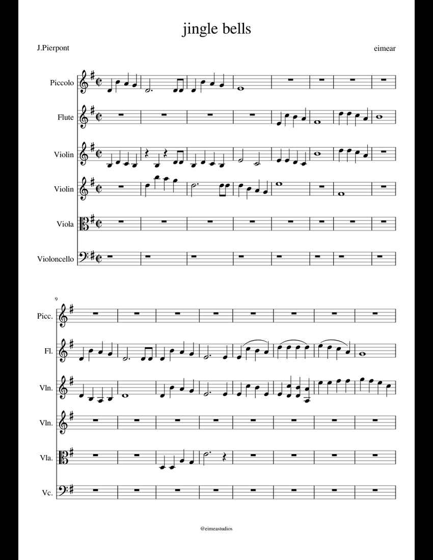 Jingle bells sheet music for Flute, Violin, Piccolo, Viola download ...