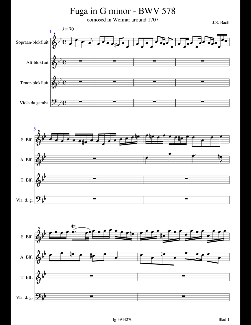 Bach J.S. Fuga in G minor BWV 578 sheet music for Recorder, Cello ...