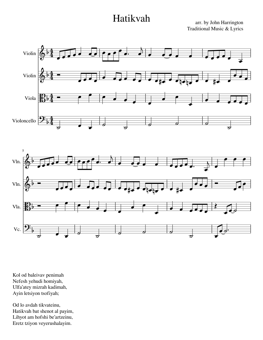 Hatikvah sheet music for Violin, Viola, Cello download free in PDF or MIDI