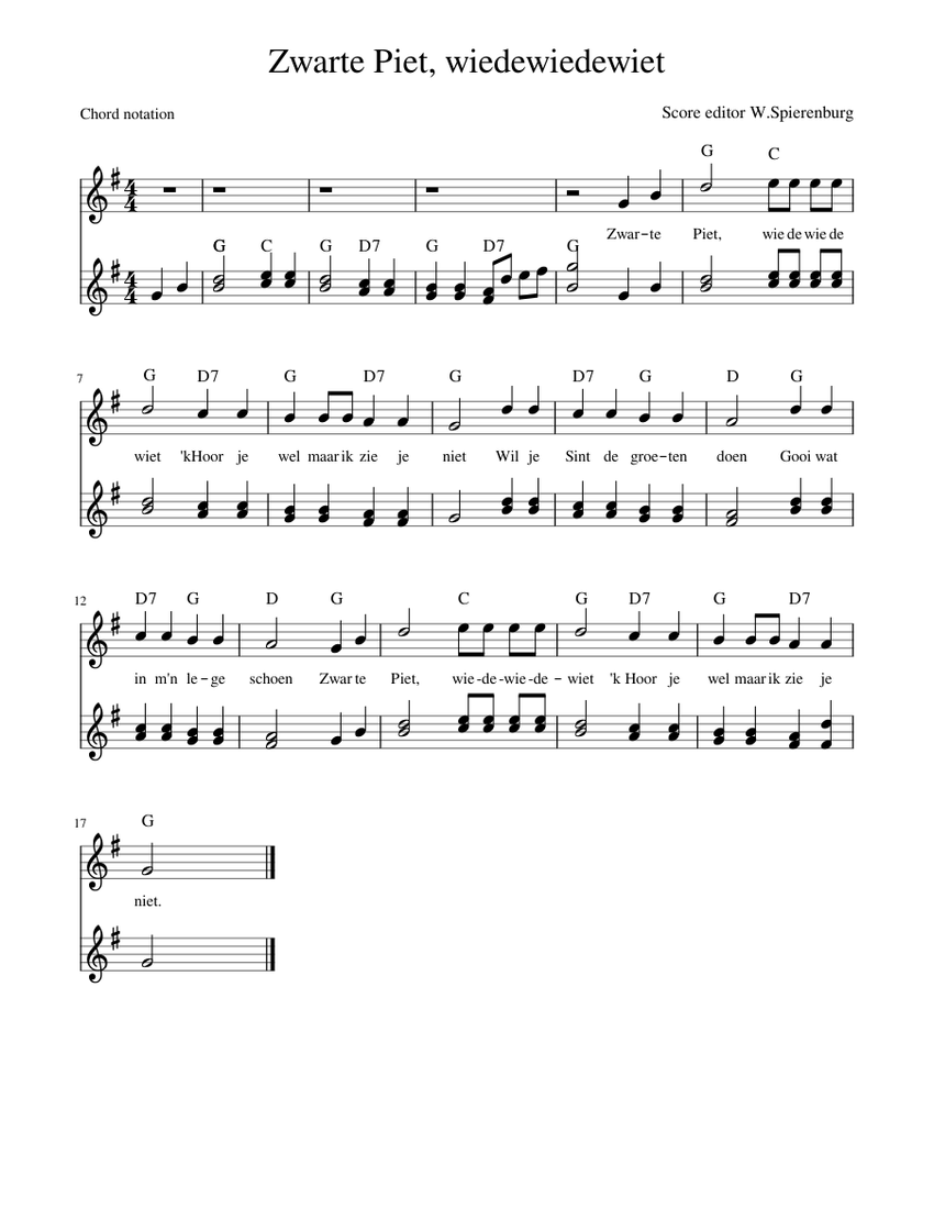 Zwarte Piet wiedewiedewiet - Sinterklaas - NL Sheet music for Piano ...