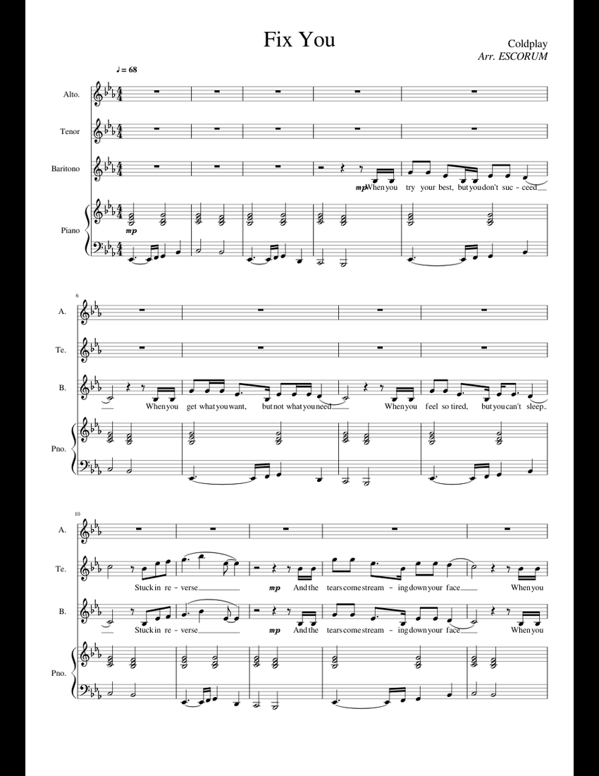 Fix You Coldplay SSA sheet music for Flute, Piano download free in PDF ...