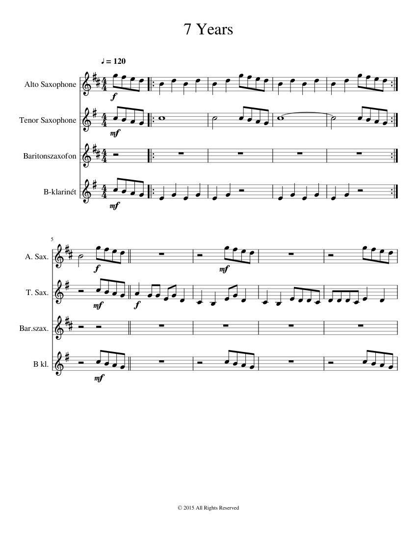 7 YEARS Sheet music for Flute, Clarinet, Alto Saxophone, Tenor ...