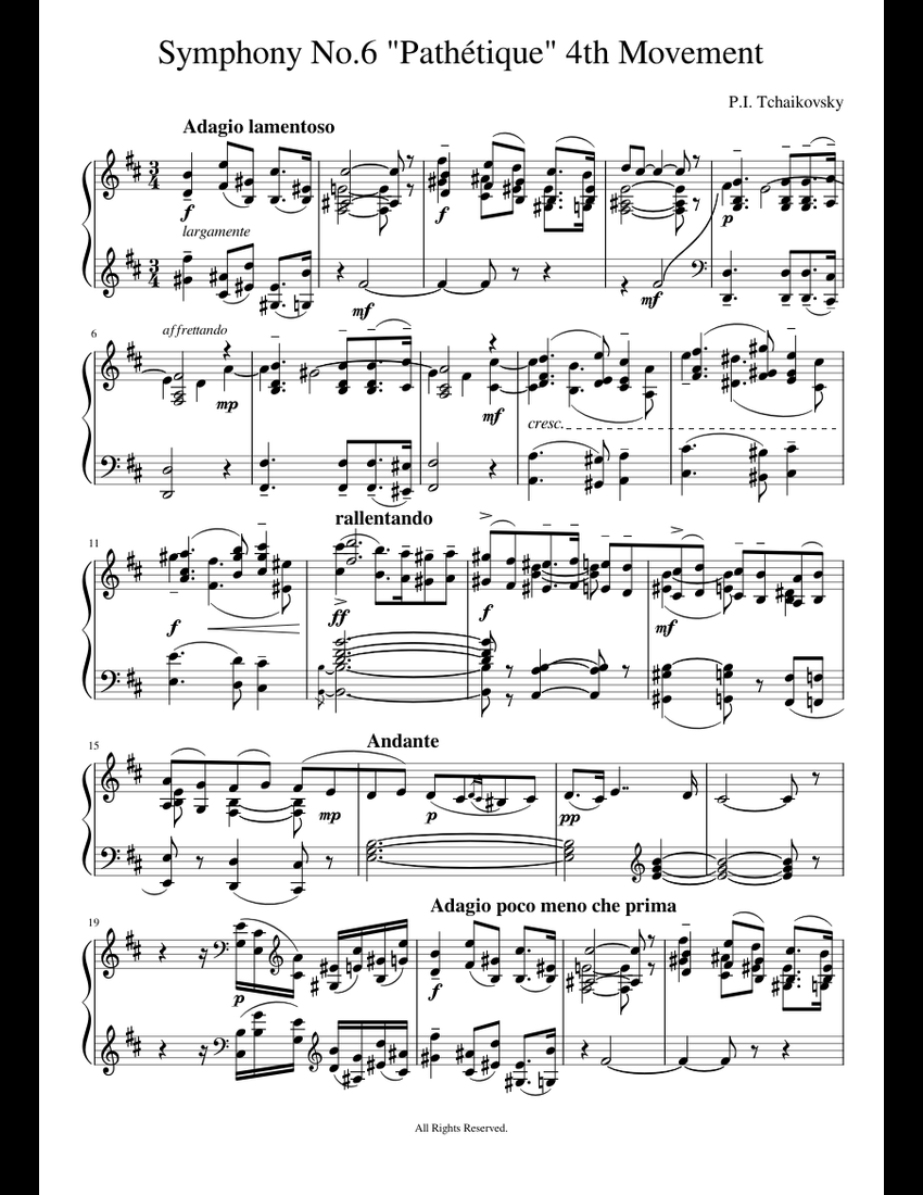 Tchaikovsky - Symphony No6 "Pathétique" 4th Movement - Piano Transcription sheet music for Organ ...