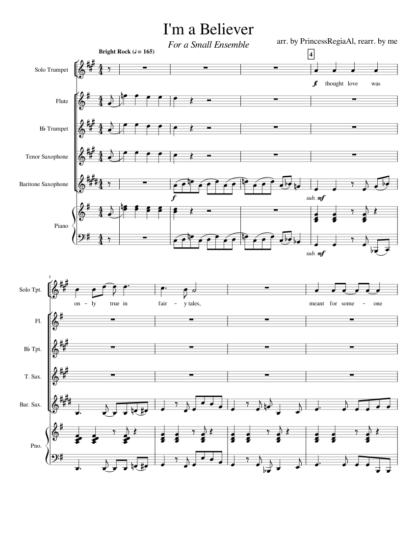 I'm A Believer sheet music for Flute, Piano, Trumpet, Tenor Saxophone ...