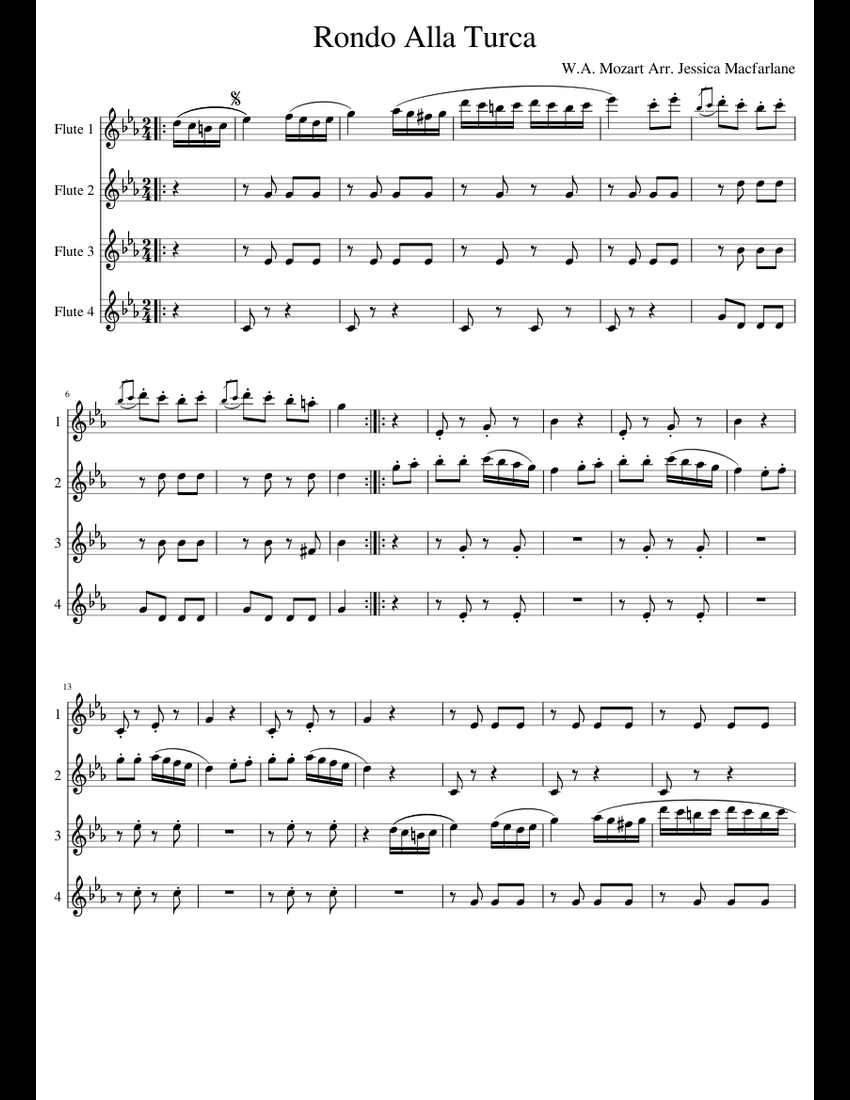 Rondo Alla Turca for Flute Quartet sheet music for Flute download free ...