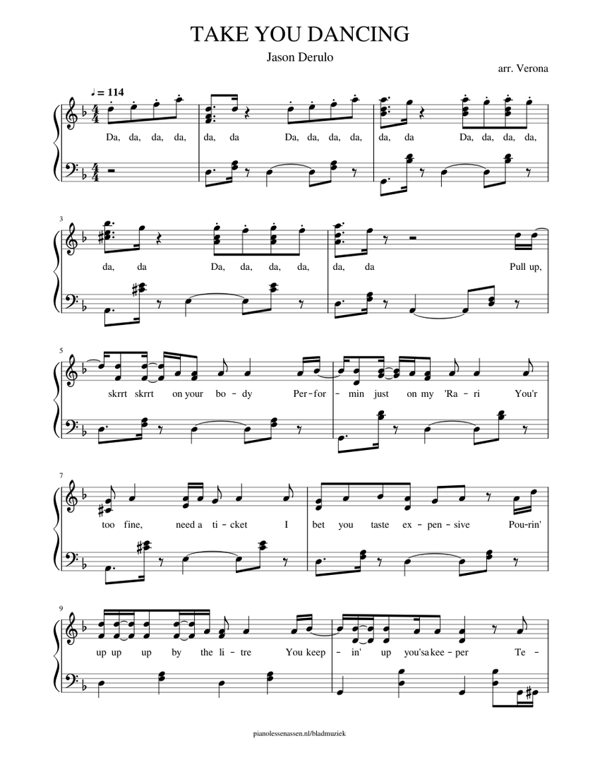 TAKE YOU DANCING - JASON DERULO (with Lyrics) Sheet music for Piano ...