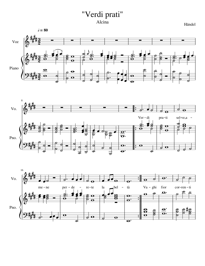 Händel "Alcina": "Verdi prati" Sheet music for Piano, Voice | Download ...