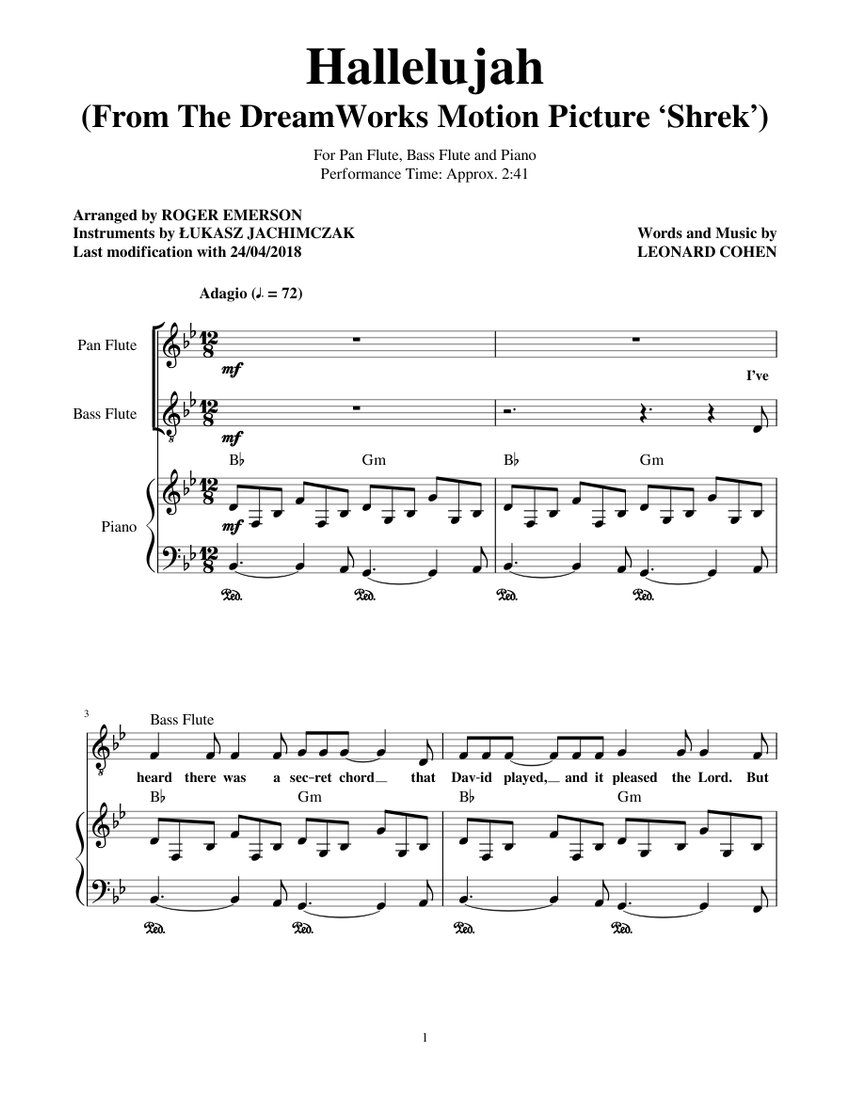 Hallelujah by Leonard Cohen from Shrek for Flute and Piano Sheet music ...