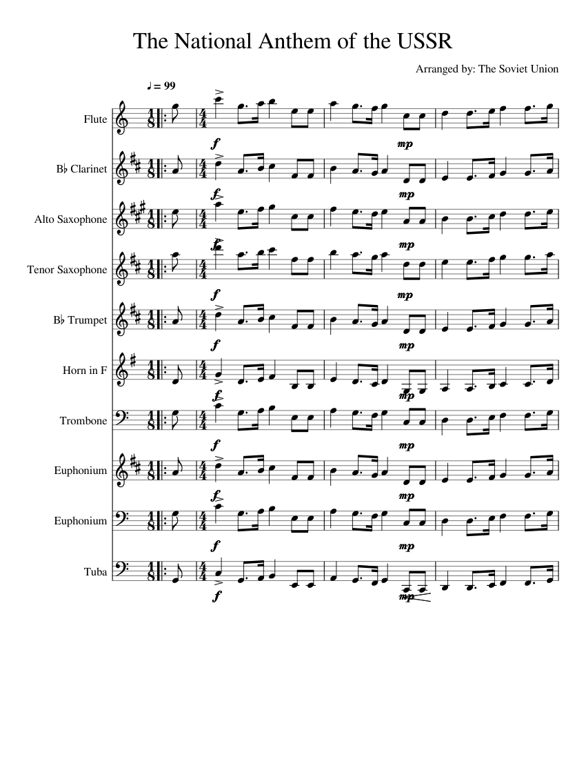The National Anthem of the USSR Sheet music for Flute, Clarinet, Alto ...