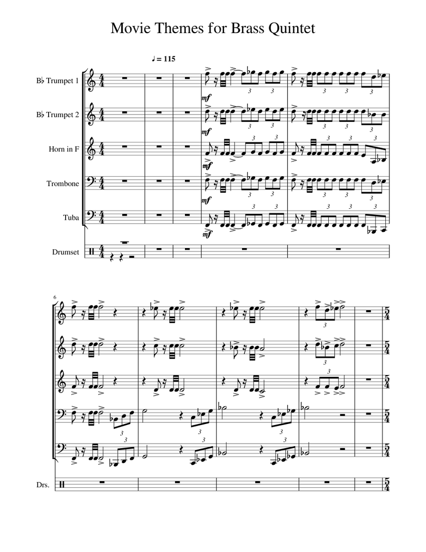 Movie Themes for Brass Quintet Sheet music for Trumpet, French Horn ...