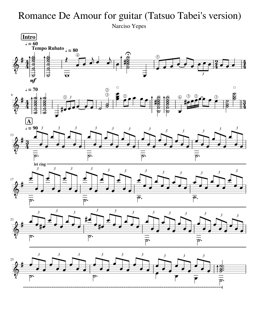 Romance de Amor for Guitar (Tabei version) Sheet music for Guitar ...