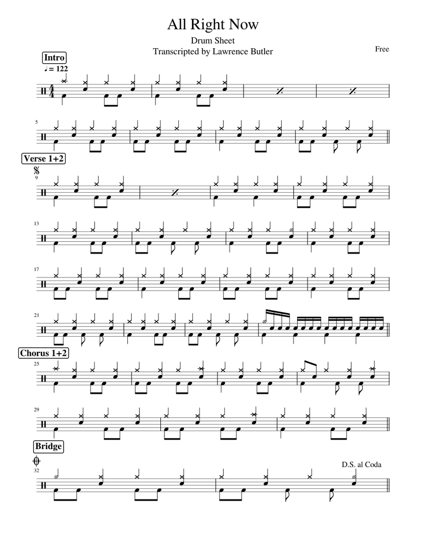 All Right Now Drum Transcription Sheet music for Drum Group (Solo ...