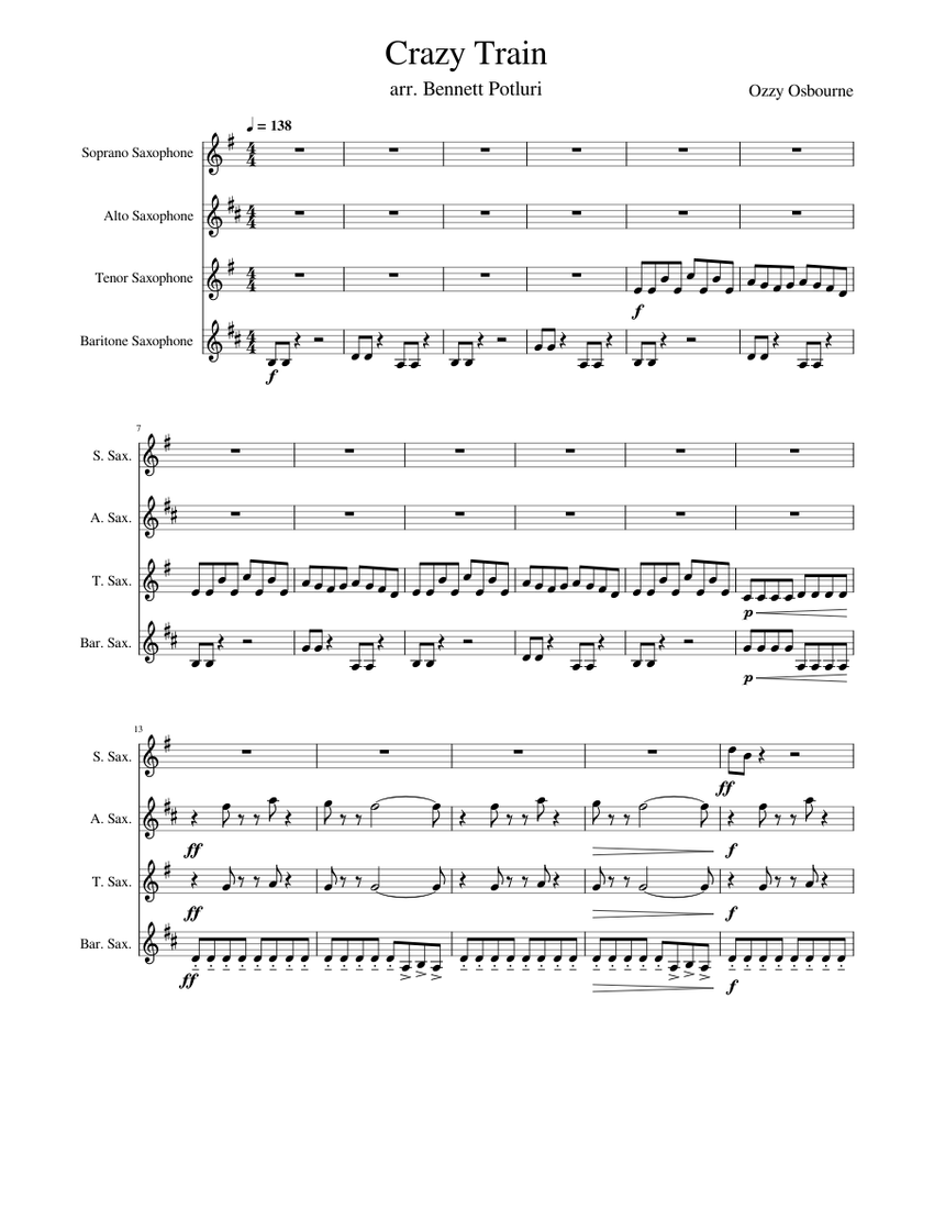 Crazy Train Sheet music for Saxophone (Alto), Saxophone (Tenor), Saxophone (Baritone), Saxophone ...
