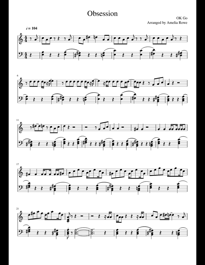 OK Go - Obsession sheet music for Piano download free in PDF or MIDI