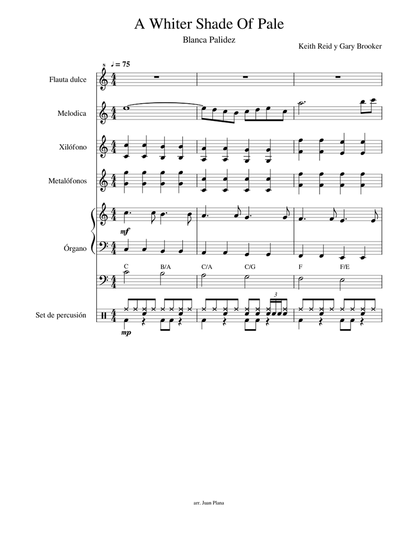 A whiter shade of pale sheet music for Recorder, Oboe, Percussion ...