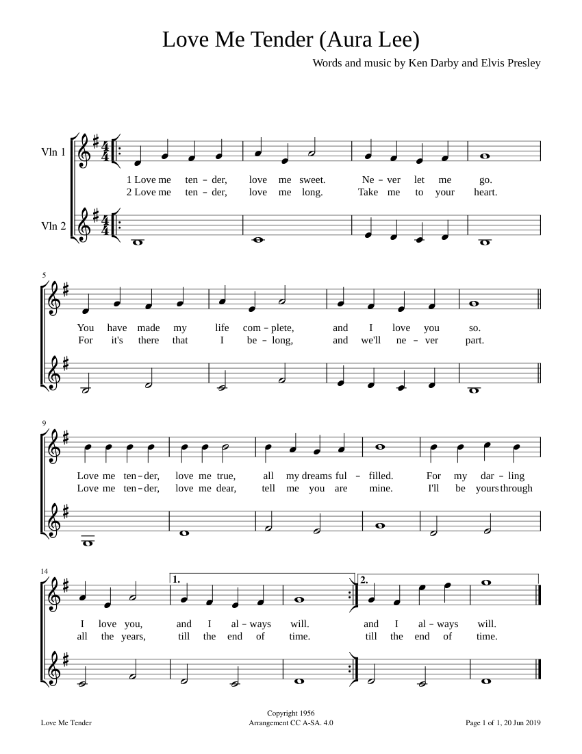 Love Me Tender Sheet music for Violin (String Duet) | Musescore.com