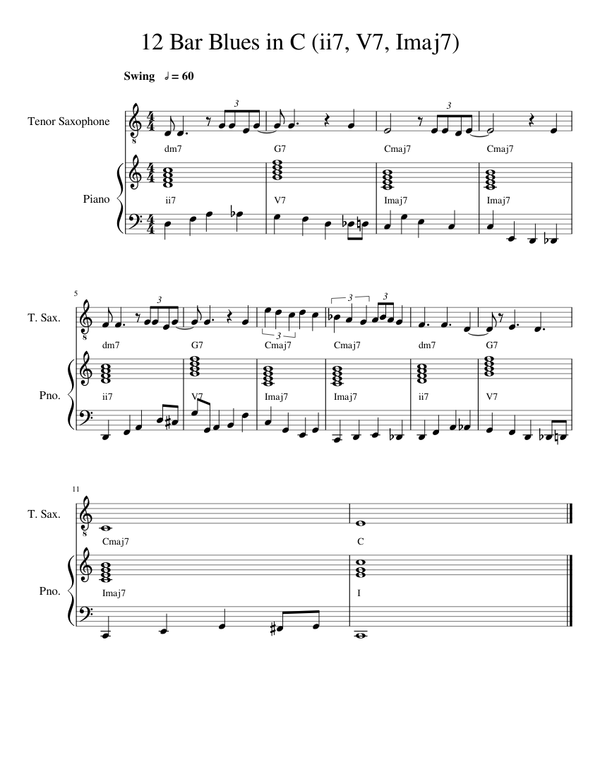 12 Bar Blues in C (ii7, V7, Imaj7) sheet music for Piano, Tenor ...