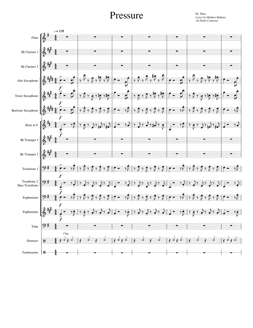 Pressure by Muse Sheet music for Flute, Clarinet, Alto Saxophone, Tenor ...