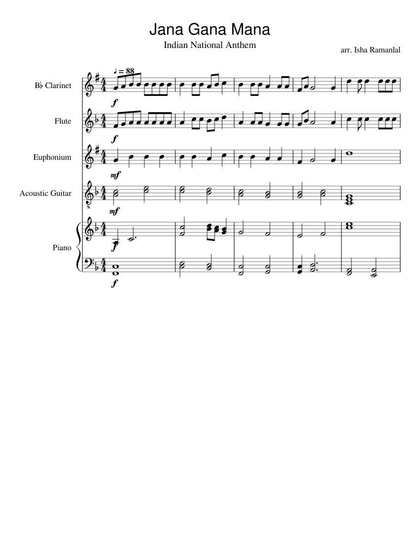 Jana Gana Mana Sheet music for Piano, Flute, Clarinet (In B Flat), Euphonium & more instruments ...