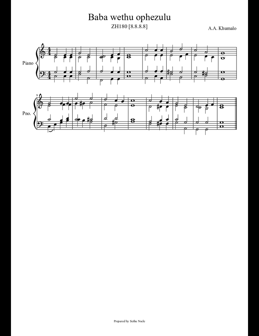 Baba wethu ophezulu - A A Khumalo sheet music download free in PDF or MIDI