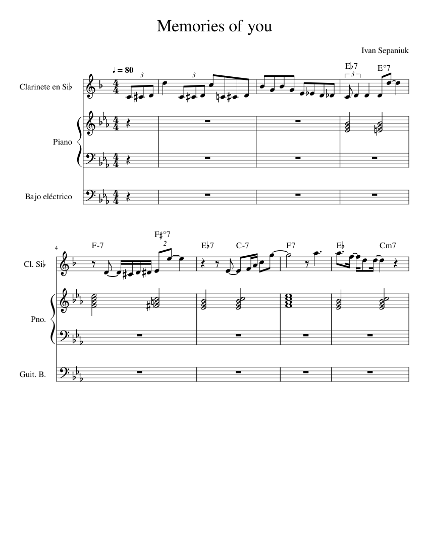 Memories Of You 2 Sheet Music For Clarinet Piano Percussion Bass 9418