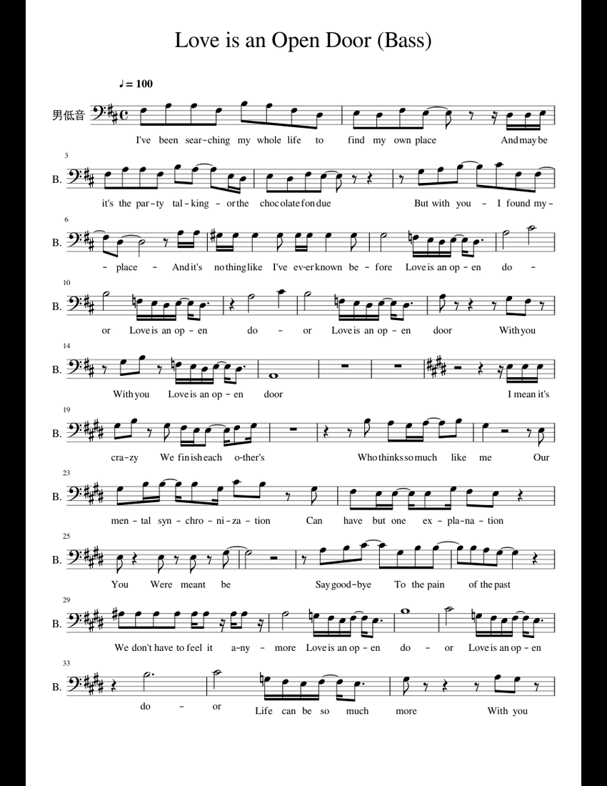 Love is an Open Door (Bass) sheet music for Piano, Voice download free ...