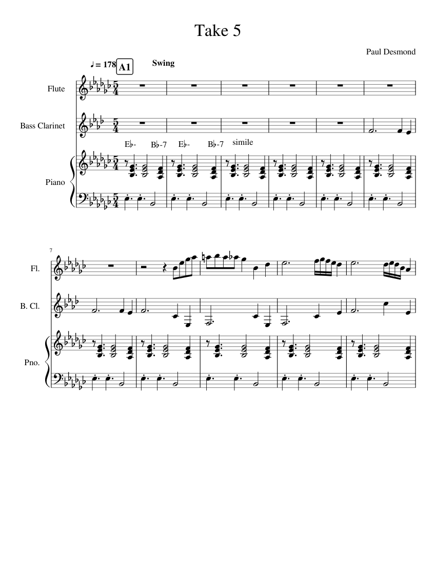 Take 5 For Flute and Bass Clarinet Sheet music for Piano, Flute ...