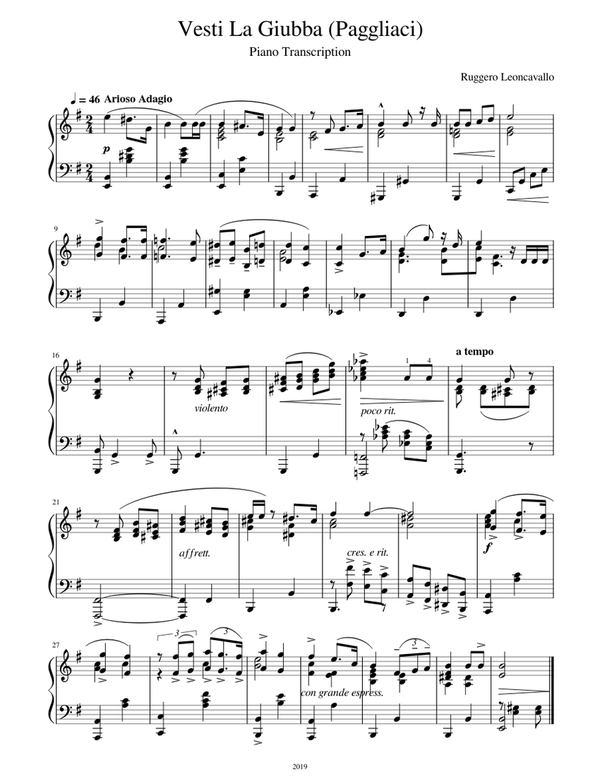 Leoncavallo - Pagliacci: Vesti La Giubba (Canio 's Aria) piano ...