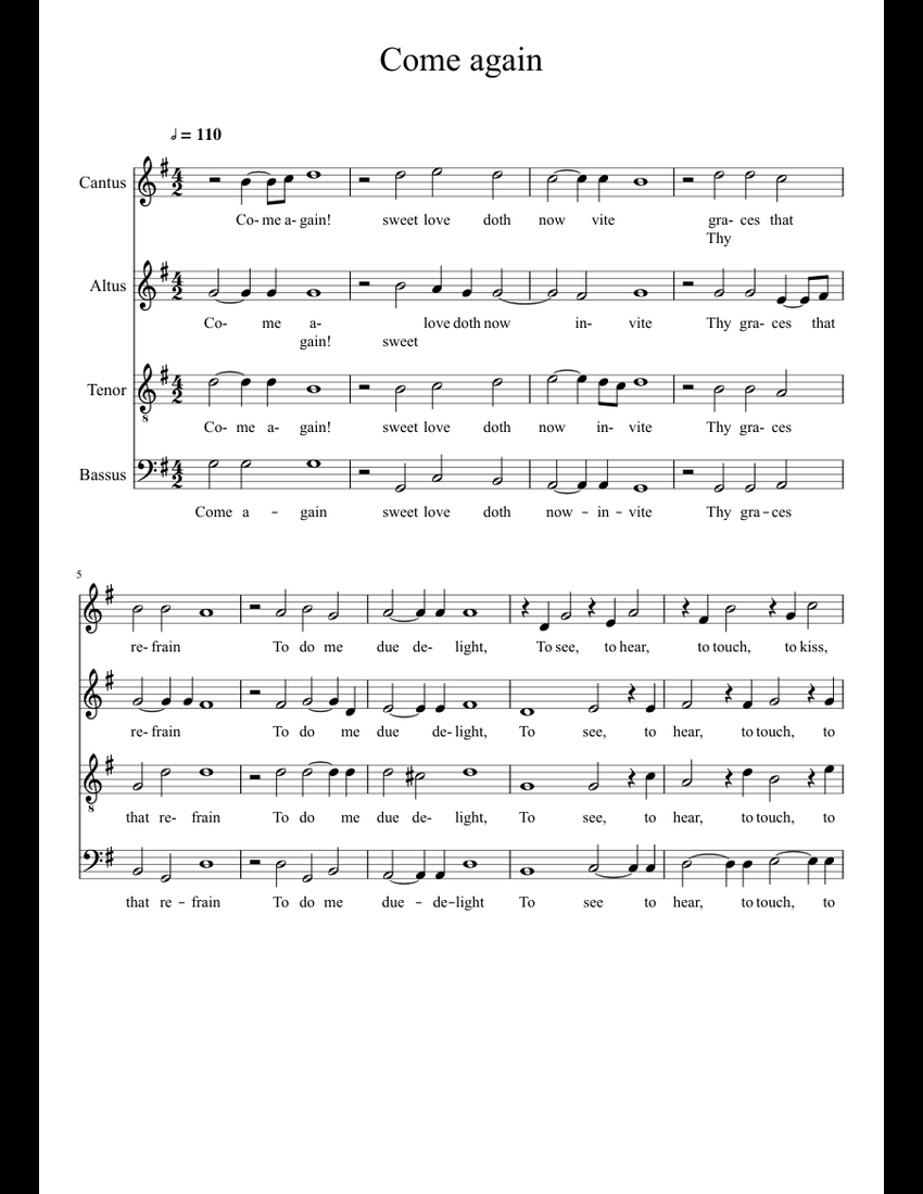 Come again (John Dowland) sheet music for Voice download free in PDF or ...