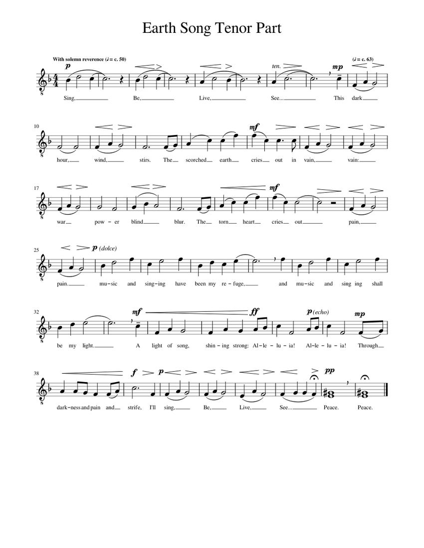 Earth Song Tenor Part Sheet music for Piano (Solo) | Musescore.com