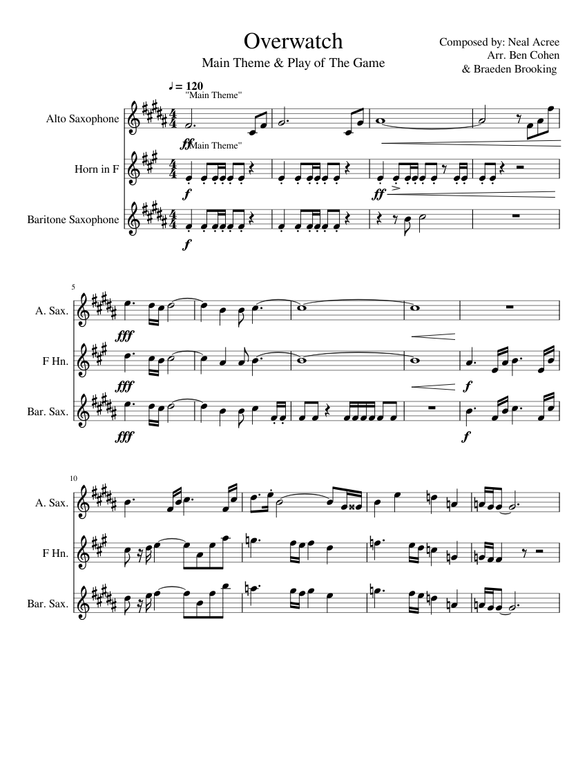 Overwatch Main Theme & POTG sheet music for Alto Saxophone, French Horn, Baritone Saxophone ...