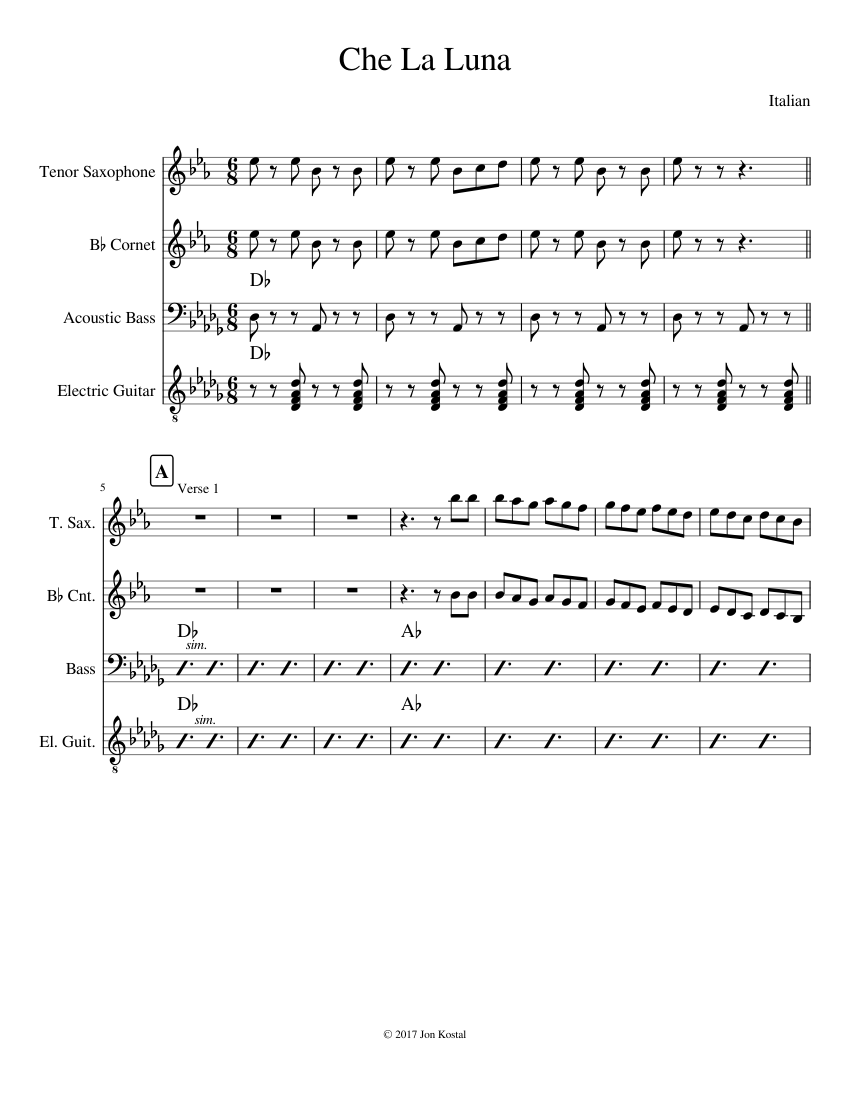 Che La Luna Sheet music for Tenor Saxophone, Trumpet, Bass, Guitar ...