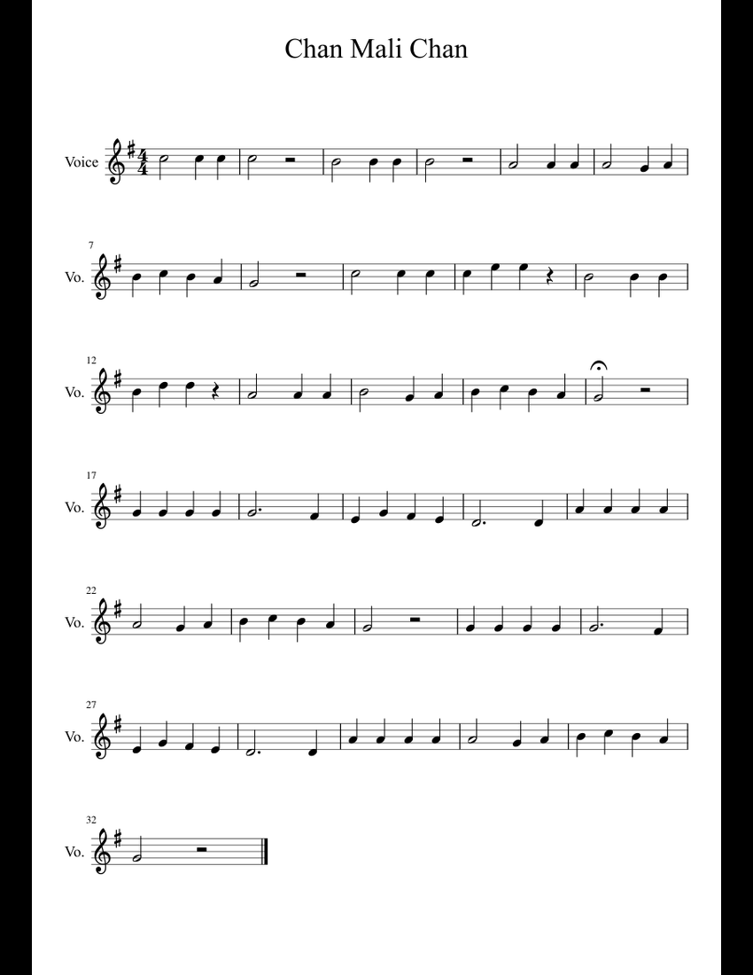 Chan Mali Chan sheet music for Voice download free in PDF or MIDI