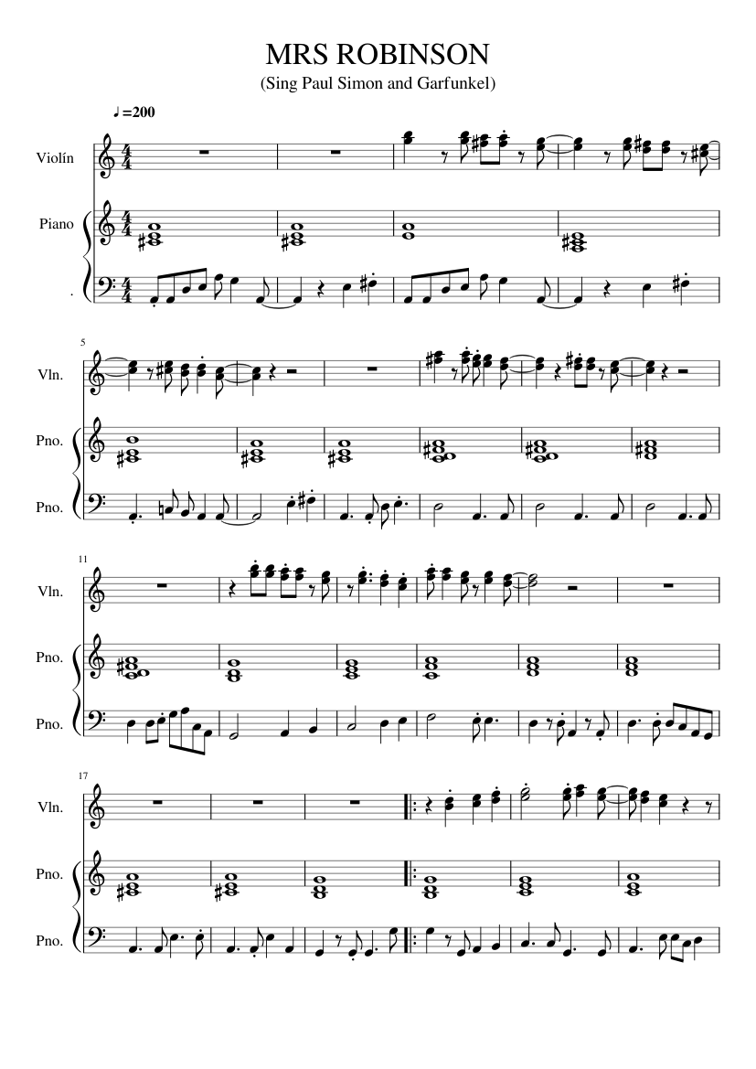 Simon and Garfunkel Mrs Robinson sheet music for Violin, Piano download ...