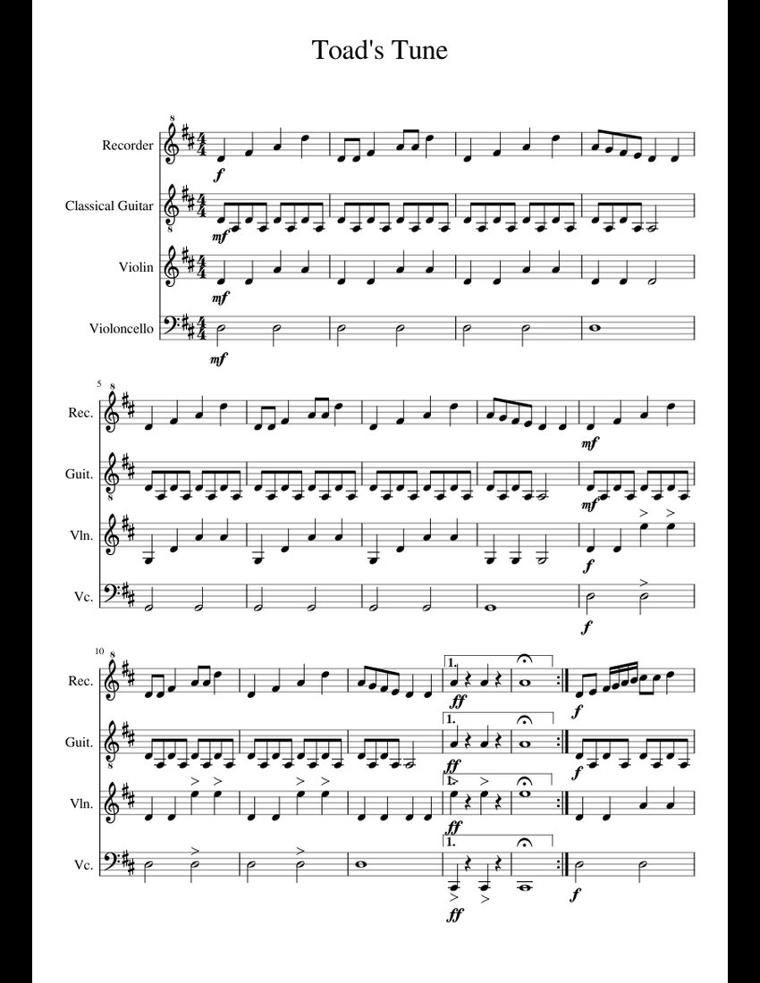 Toad s Tune sheet music for Violin, Recorder, Guitar, Cello download ...
