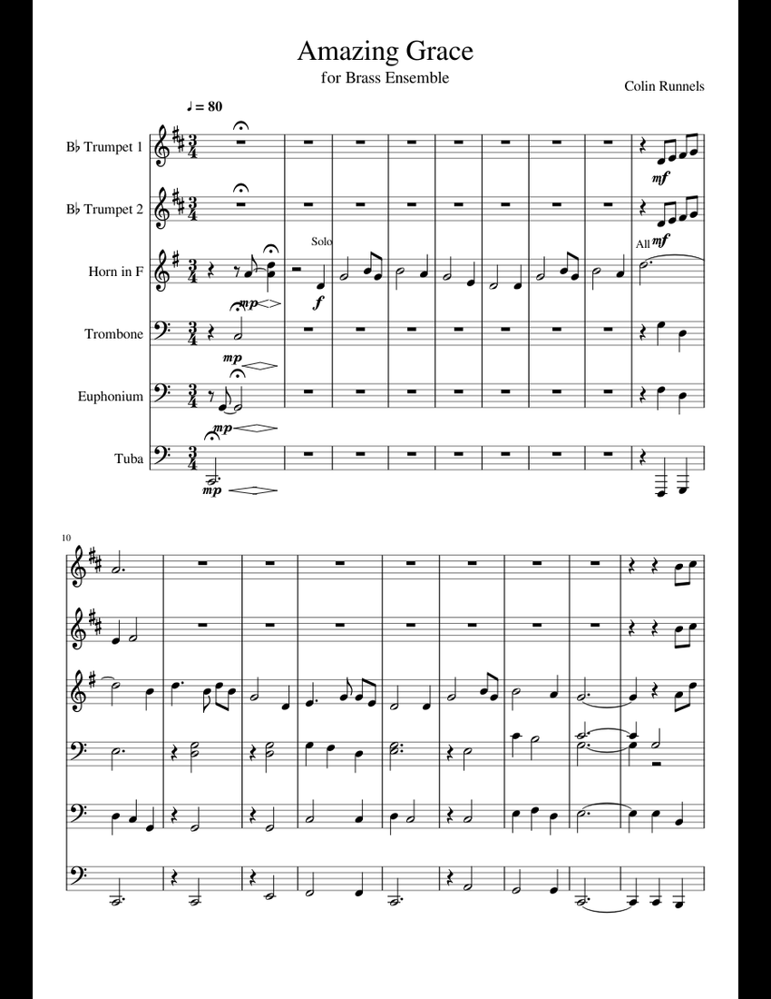 Amazing Grace for Brass Ensemble sheet music for Trumpet, French Horn ...