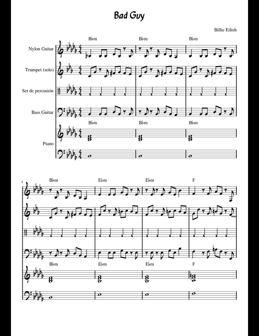 Bad Guy (Billie Eilish) sheet music for Piano, Piccolo, Trumpet ...