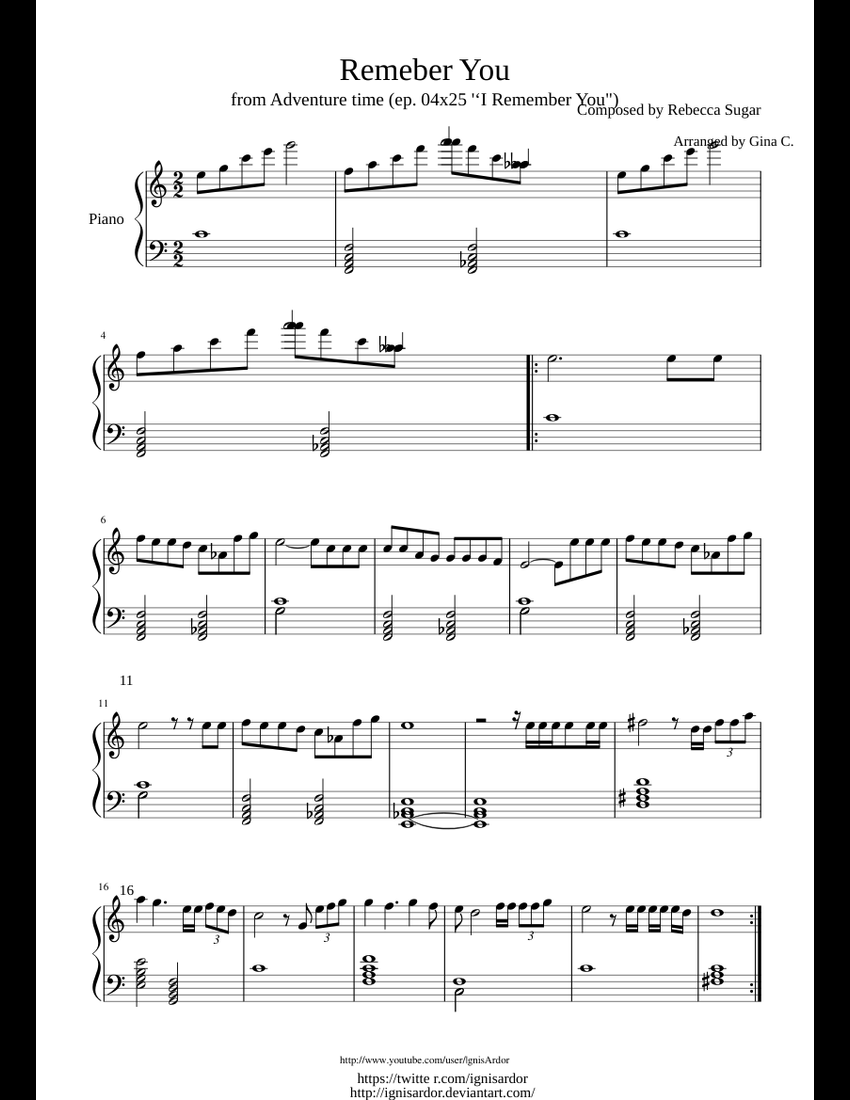 Adventure Time Remember You 2 1 sheet music for Piano download free in ...