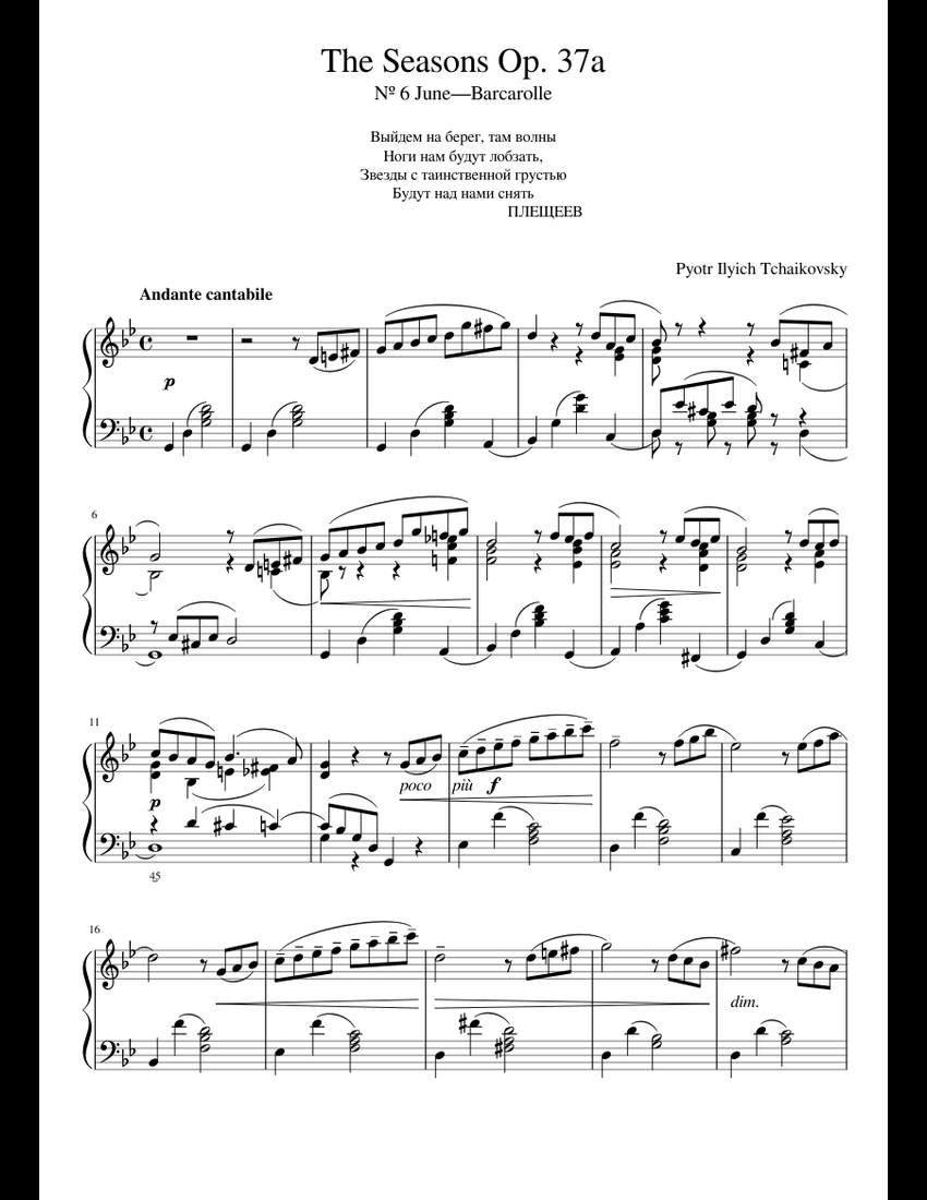 The Seasons, Op. 37a, June, Barcarolle sheet music for Piano download ...
