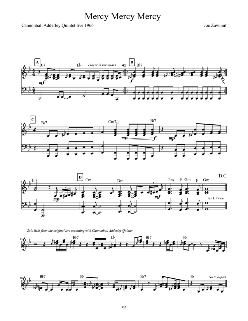 Mercy Mercy Mercy Sheet music | Download free in PDF or MIDI ...