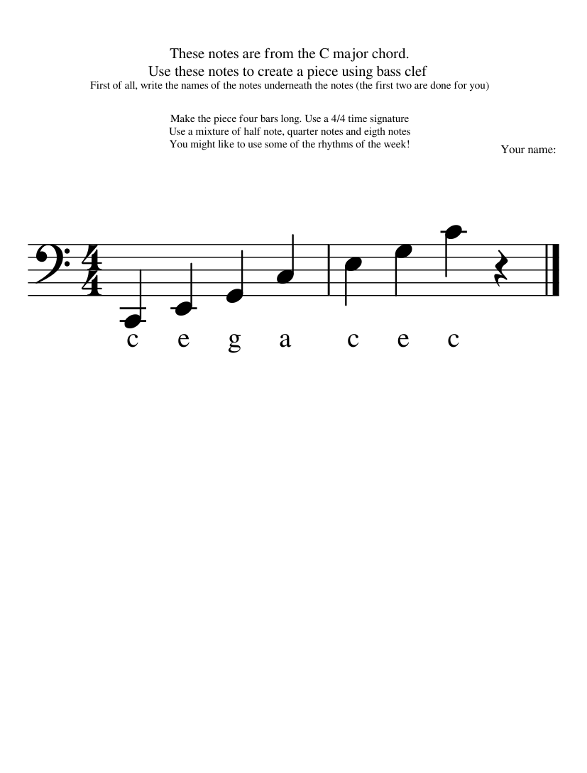 Lesson 5 Writing with the C major chord in bass clef Sheet music for ...