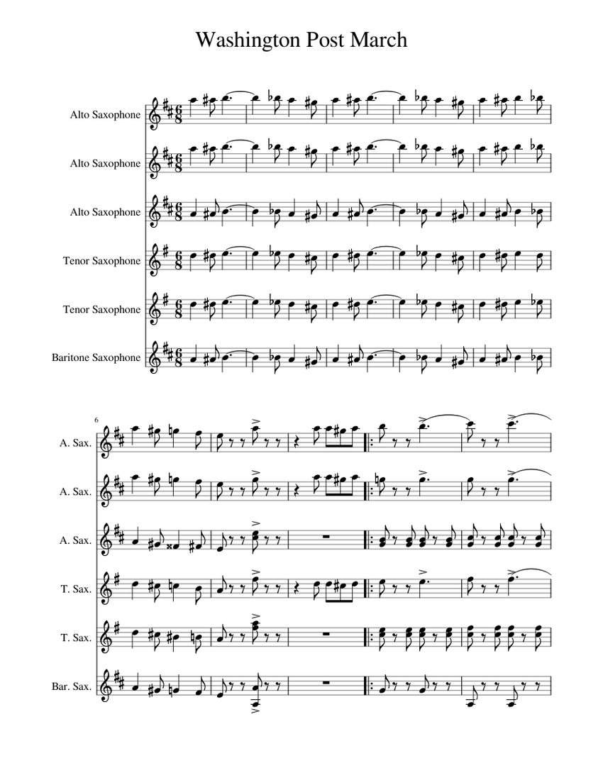 Washington Post March Sheet music for Alto Saxophone, Tenor Saxophone ...