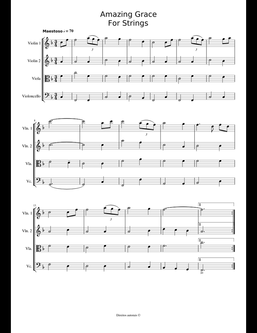 Amazing Grace sheet music for Violin, Piano, Viola, Cello download free ...