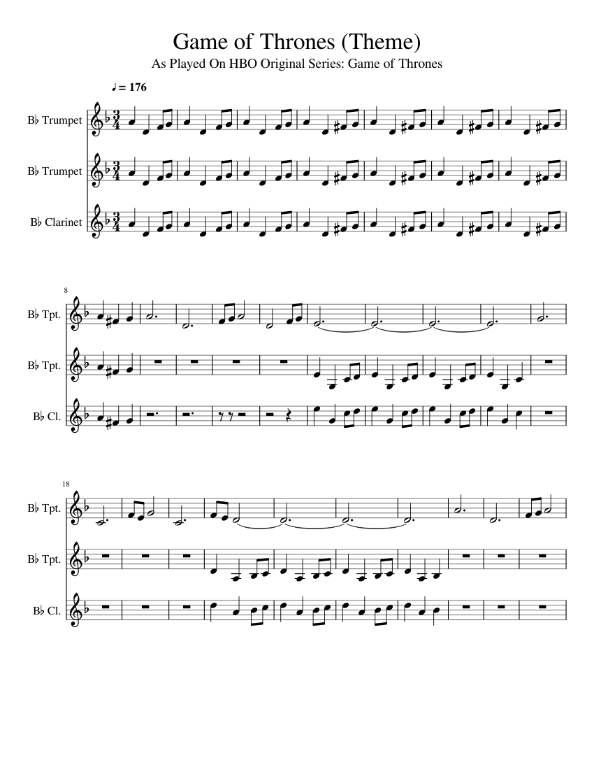 Game of Thrones (Theme) sheet music for Clarinet, Trumpet download free ...