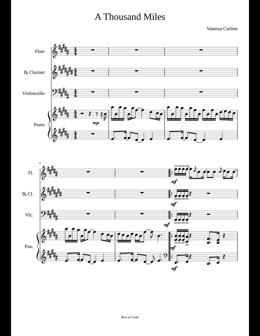 A Thousand Miles sheet music for Flute, Clarinet, Piano, Cello download ...