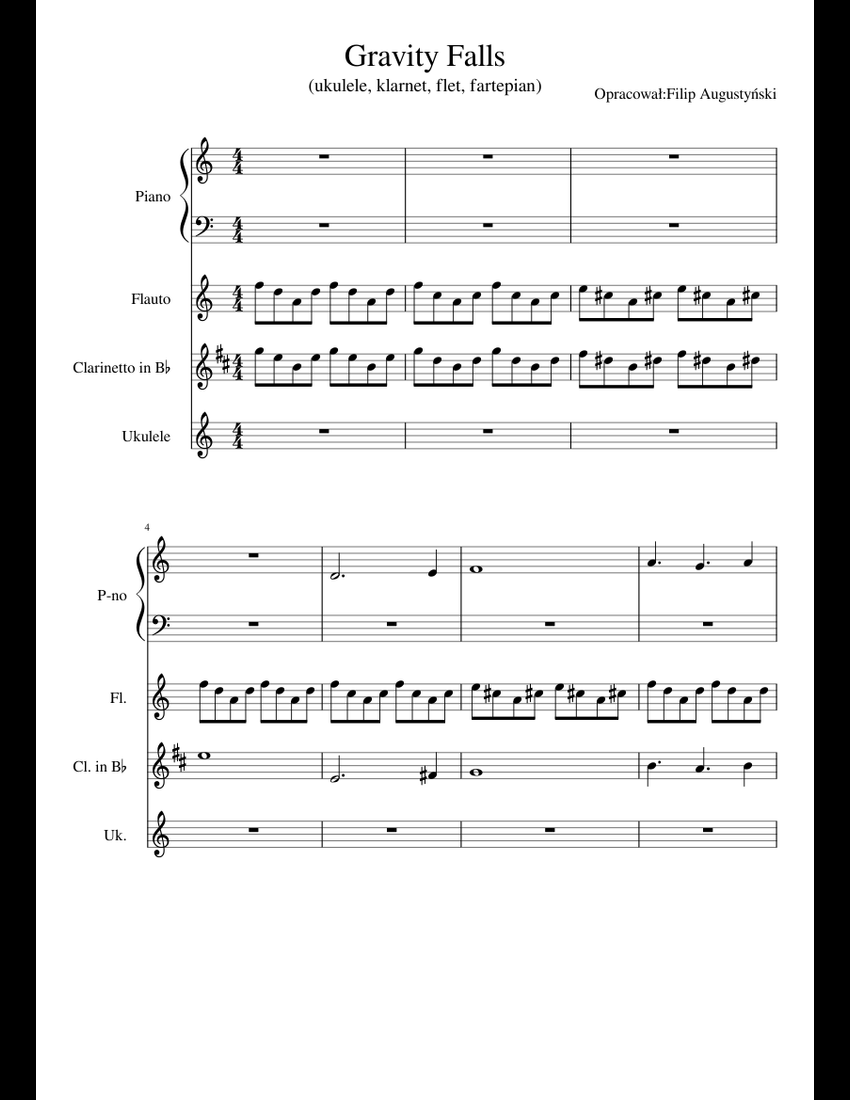 Gravity Falls sheet music for Piano, Flute, Clarinet, Guitar download free in PDF or MIDI