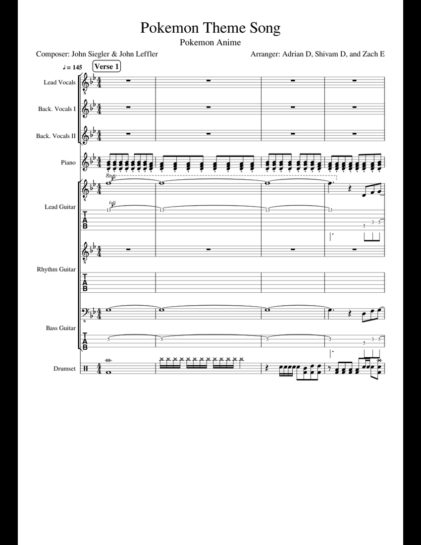 Pokemon Theme (Gotta Catch 'em All) sheet music for Piano, Guitar, Bass ...