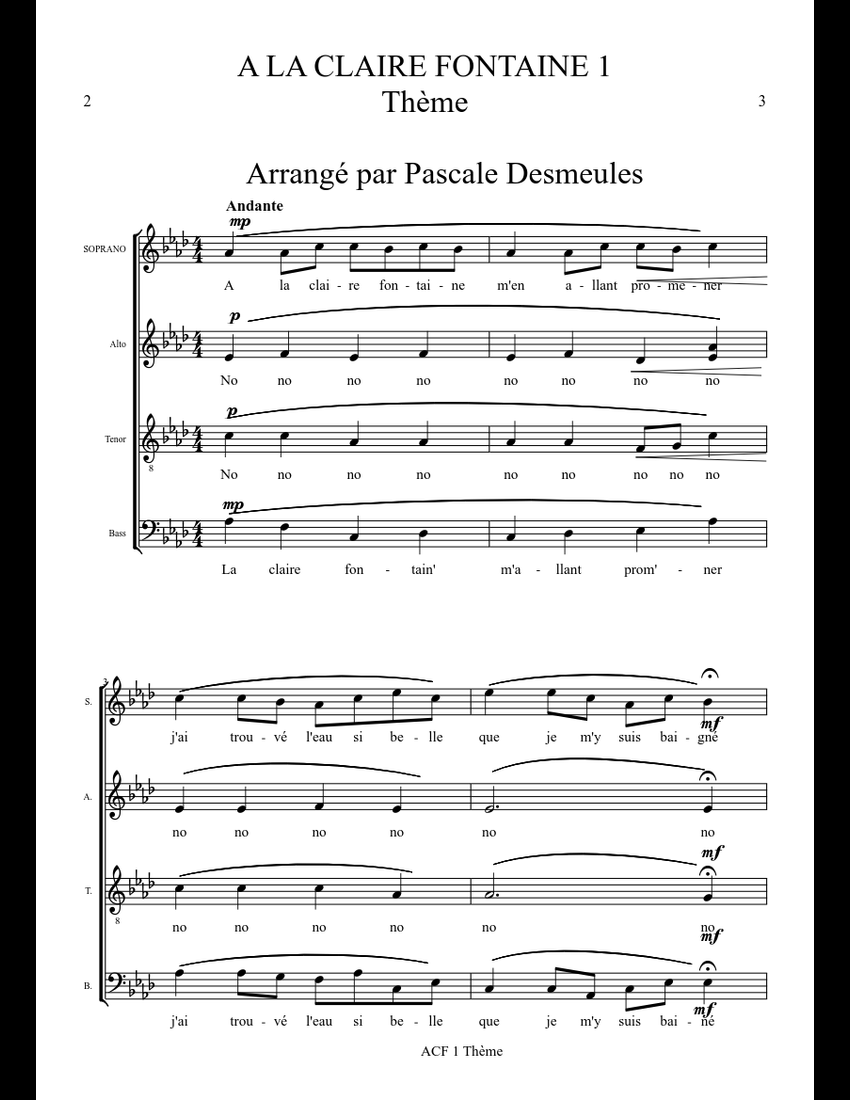 A LA CLAIRE FONTAINE 1Thème Arrangé par Pascale Desmeules sheet music ...